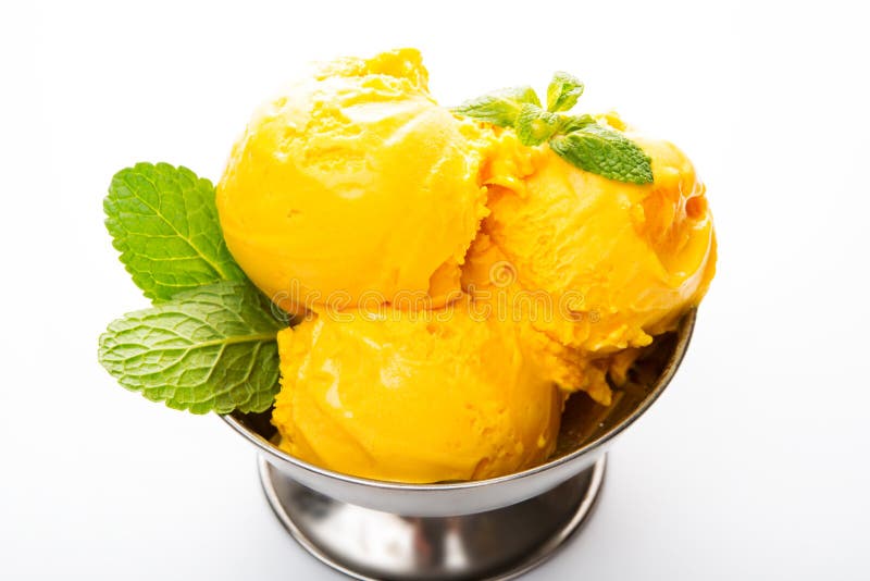 Natural Mango Ice Cream, Tropical Ice Cream Balls in a Cup, Decorated ...