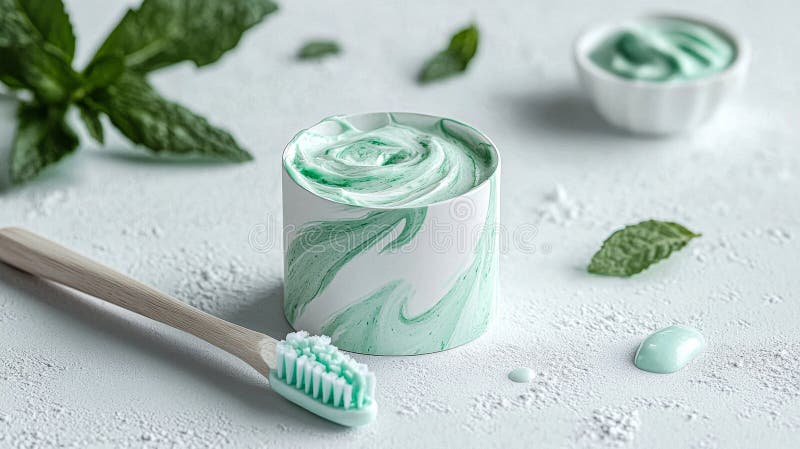 Natural Mint Toothpaste with Fresh Leaves and Bamboo Toothbrush on ...