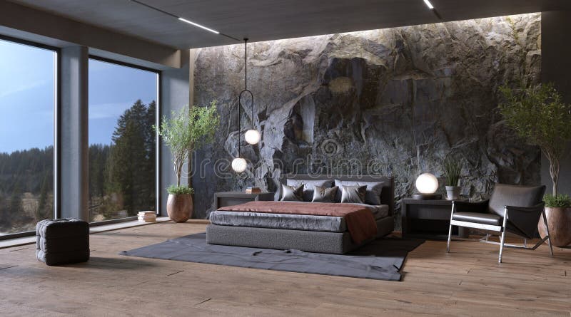 Natural Mountain Rock Wall in Modern Bedroom Interior, 3d Render Stock ...