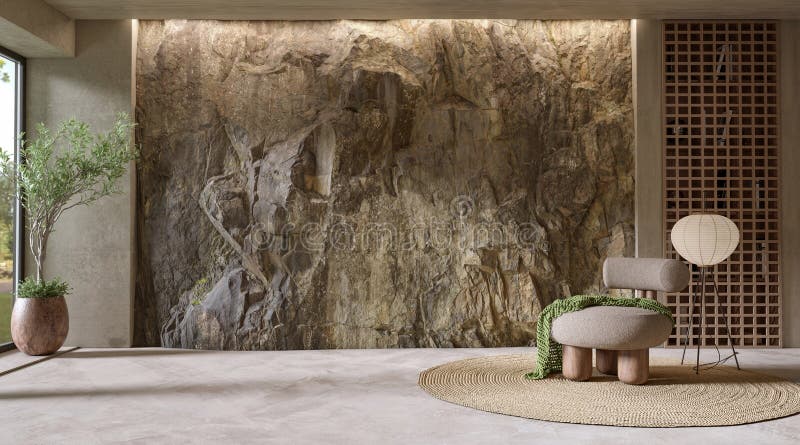 Natural Mountain Rock Wall in Modern Living Room Interior, 3d Render ...