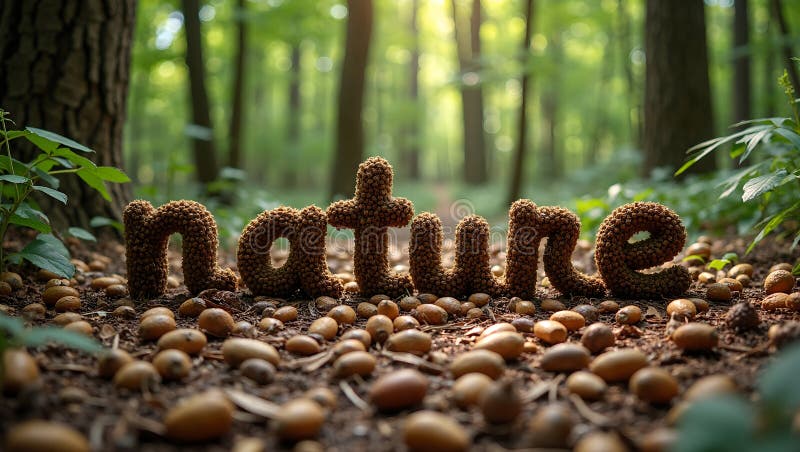 Natural Nature Word Made of Acorns Pinecones in Forest on Spiral ...
