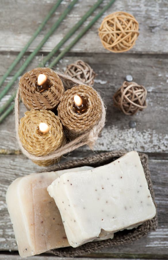 Natural Olive Soap and Honey Candles Stock Image - Image of body, care ...