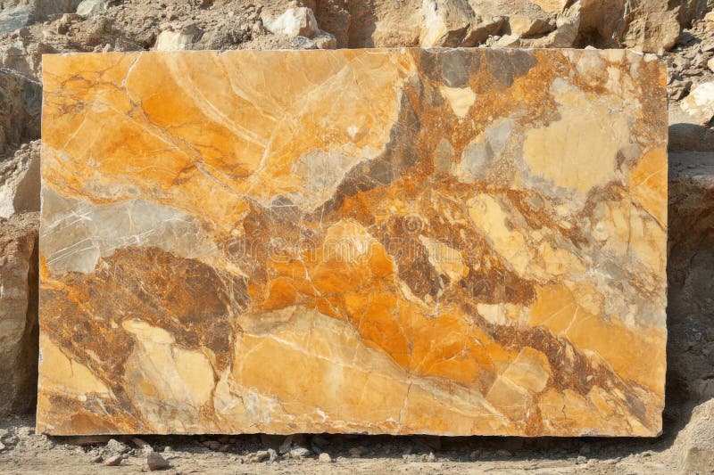 Natural Orange and Gray Stone Slab Displayed in a Quarry Under Bright ...