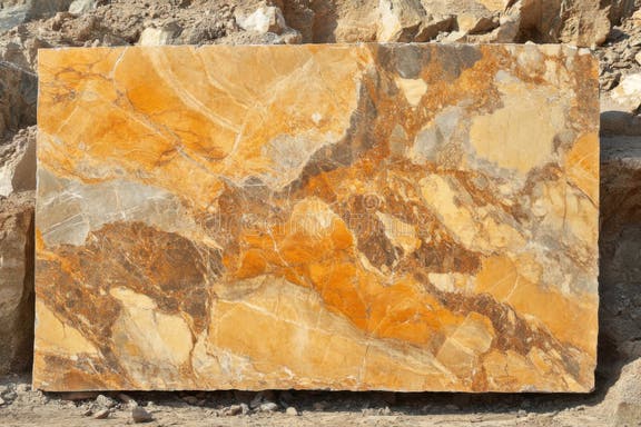 Natural Orange and Gray Stone Slab Displayed in a Quarry Under Bright ...