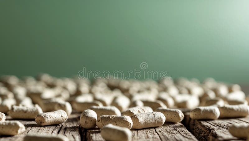 Natural Organic Pellets on Wooden Surface with Green Background Stock ...