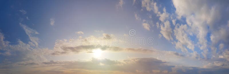 Natural Panoramic Sky Background. Sky with Cloud and Sun Stock Image ...