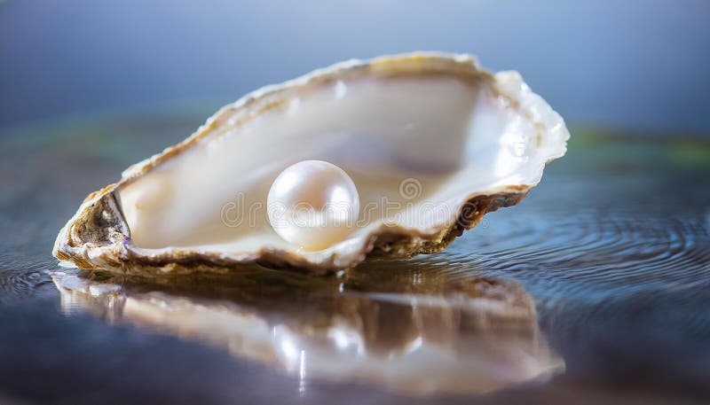 Natural Pearl Inside Oyster Shell, Sea Water, Wet Surface Stock ...