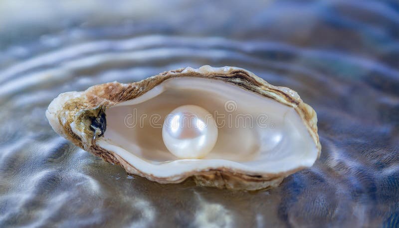 Natural Pearl Inside Oyster Shell, Sea Water, Wet Surface Stock ...