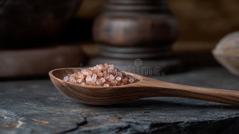 Natural Pink Salt Displayed on a Wooden Spoon Resting on a Rustic Stone ...