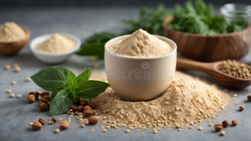 Natural Plant Based Protein Powder with Ingredients on Table Stock ... Natural Plant Based Protein Powder with Ingredients on Table Stock ...