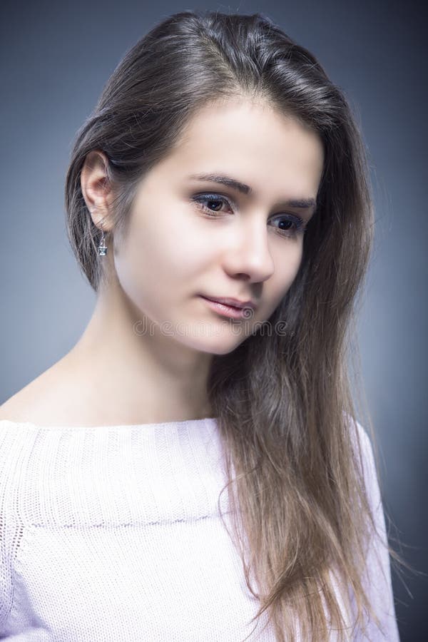 Natural Portrait Sensual Caucasian Brunette Woman Amazing Long Hair