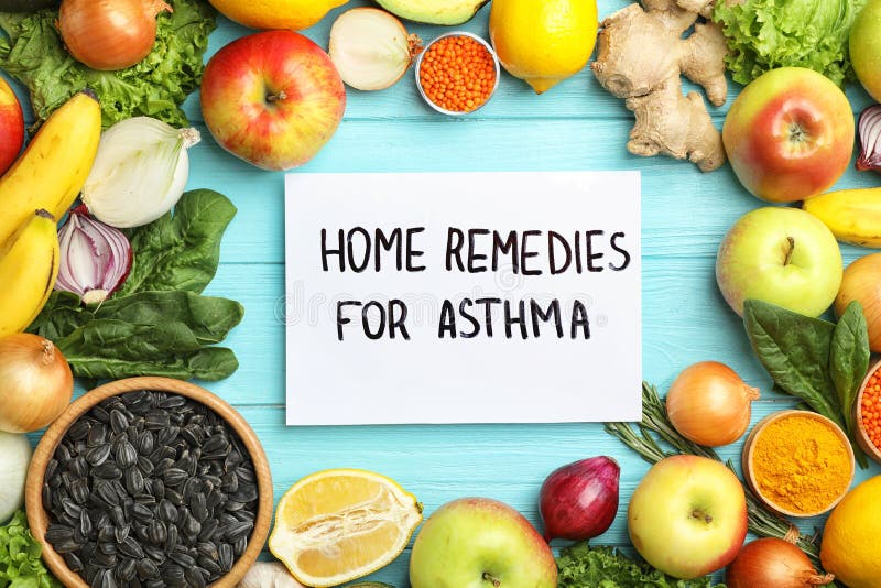 Natural Products And Note With Text Home Remedies For Asthma On Wooden