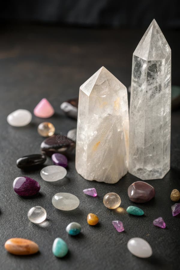 Natural Quartz Crystals and Colorful Gemstones Arranged on a Dark ...