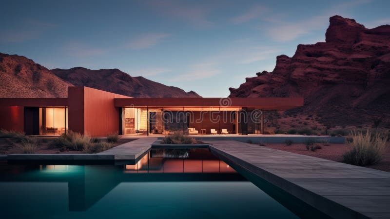 Natural Red Bricks Made House with Pool and Mountains View Stock ...