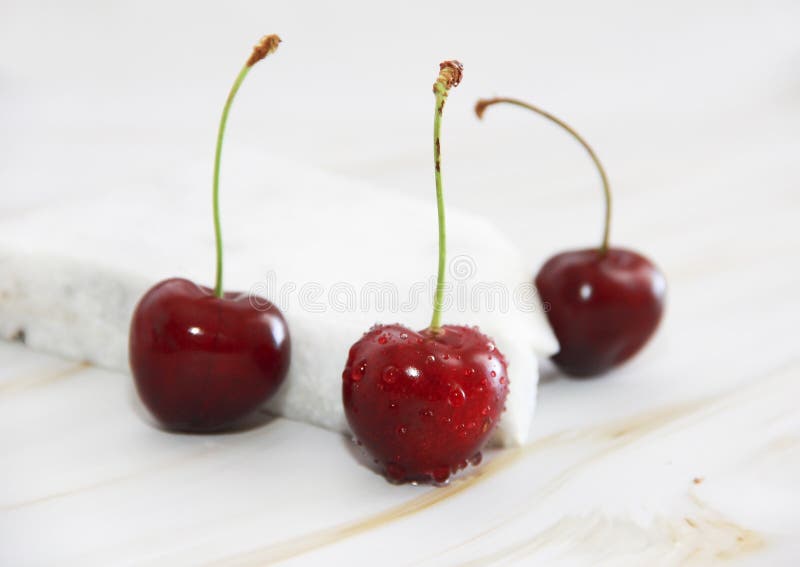 Natural Red Cherry on a Marble Stone Stock Image - Image of freshly ...