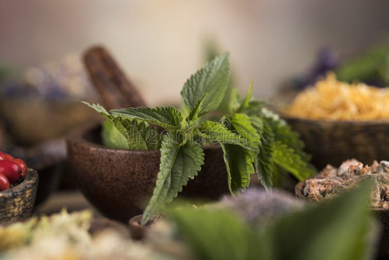 Natural Remedy and Wooden Table Background Stock Photo - Image of ...