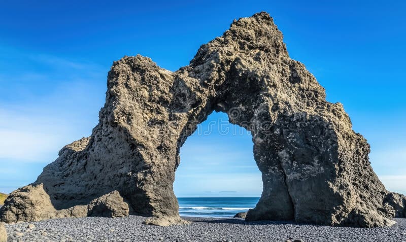 Natural Rock Arch Formation on Beach with Ocean View and Clear Blue Sky ...