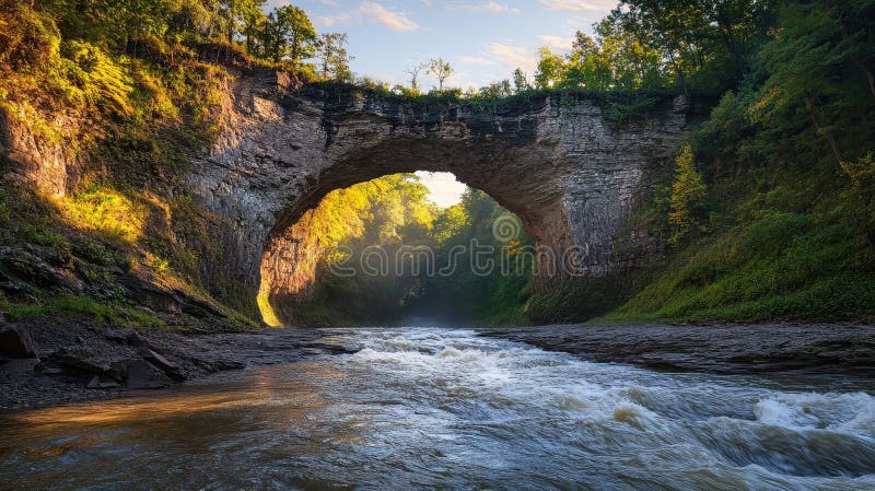 Natural Rock Arch Over Flowing River in a Serene Forest Setting Stock ...