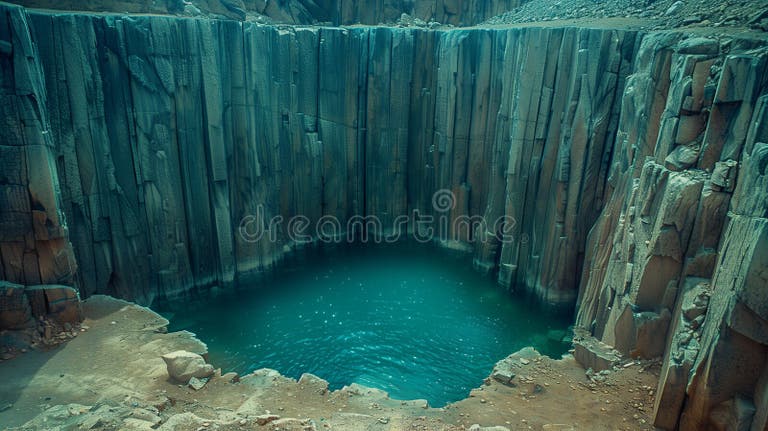 Natural Rock Formation with Deep Blue Pool and Basalt Cliffs Stock ...