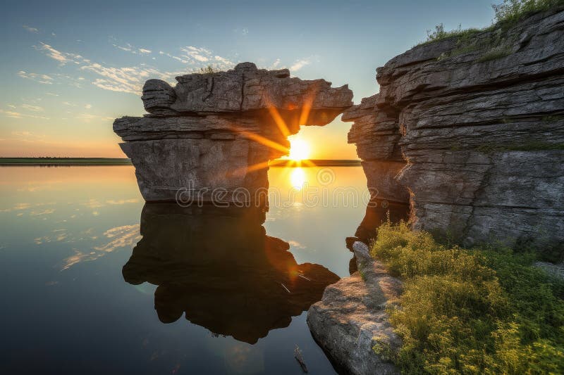 A Natural Rock Formation, with the Sun Setting Over a Lake, Creating a ...