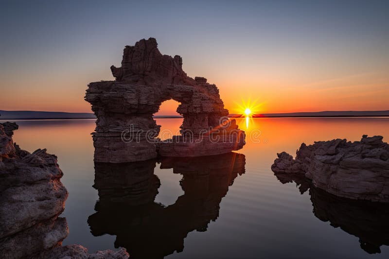 A Natural Rock Formation, with the Sun Setting Over a Lake, Creating a ...
