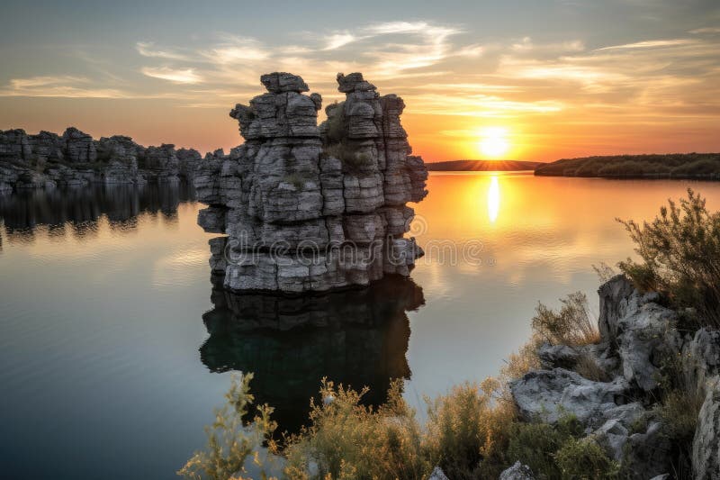 A Natural Rock Formation, with the Sun Setting Over a Lake, Creating a ...