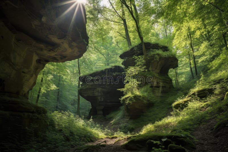 Natural Rock Formation Surrounded by Lush Green Forest, with Sunlight ...