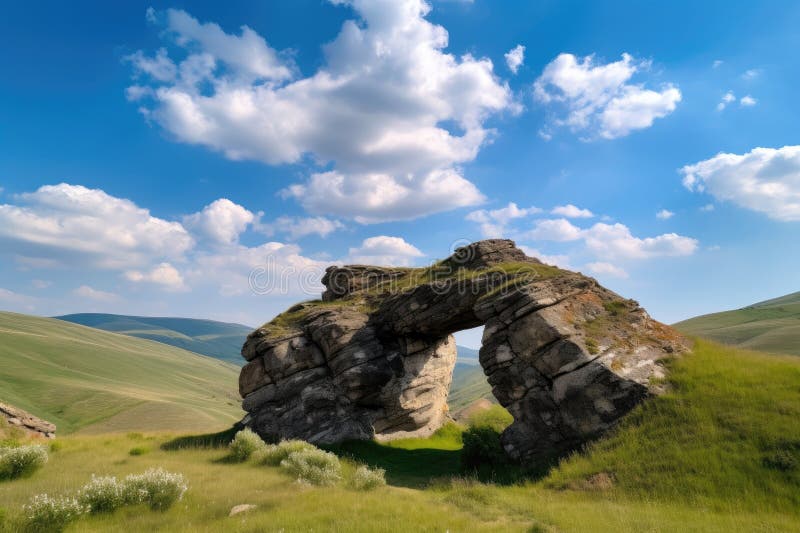 Natural Rock Formation Surrounded by Rolling Hills and Blue Skies Stock ...