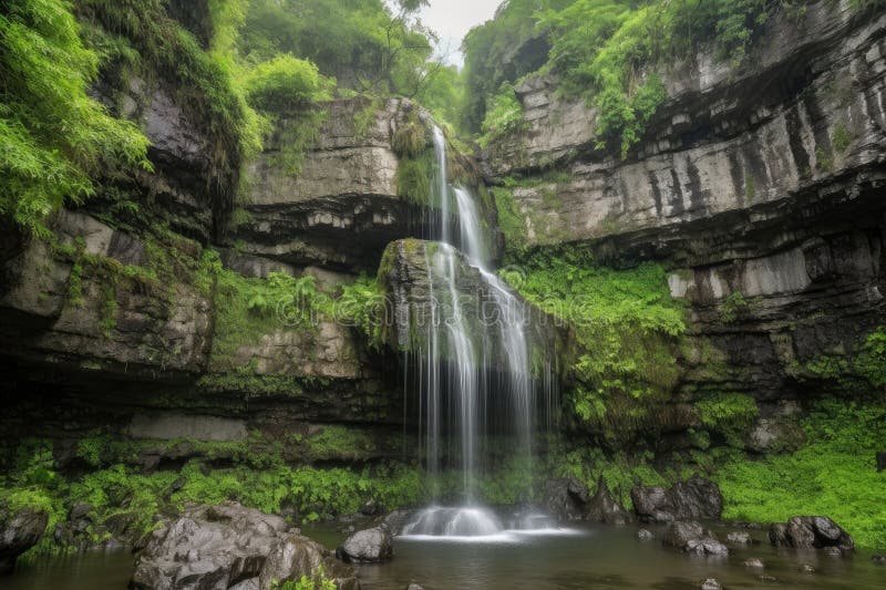 Natural Rock Formation with Waterfall Cascading from the Top Stock ...