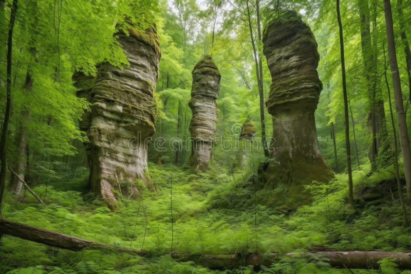 Natural Rock Formations Towering Over Lush Forest Floor Stock ...