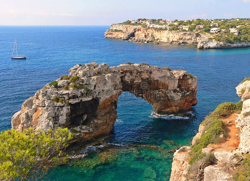 Natural Rock Arch At Coastline Of Majorca Island, Spain Stock Image ...