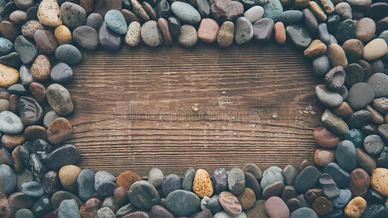 Natural Rounded Stones Frame on Rustic Wooden Surface for Textured ...