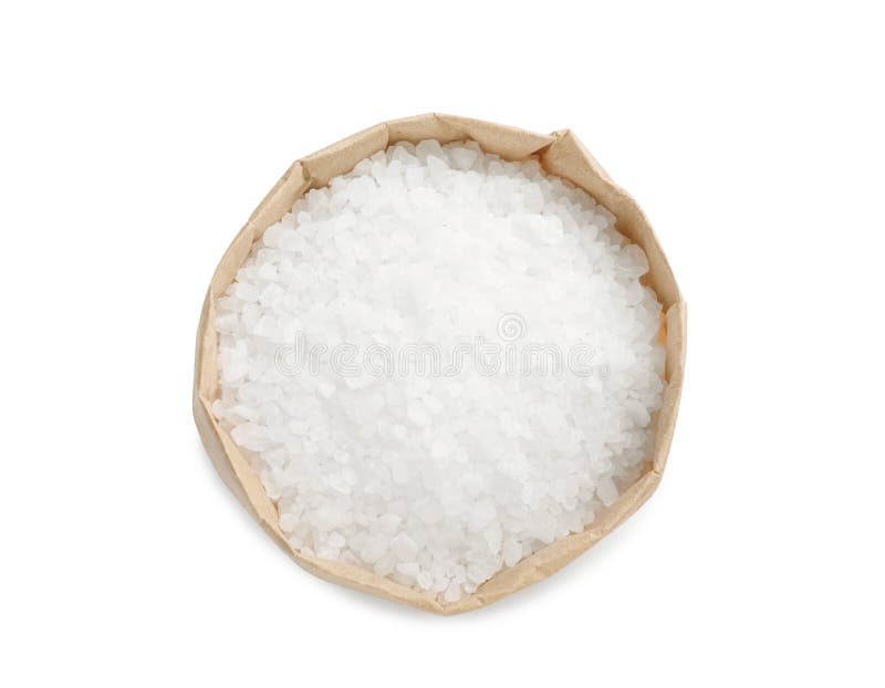Natural Salt in Paper Bag Isolated on White, Top View Stock Image ...