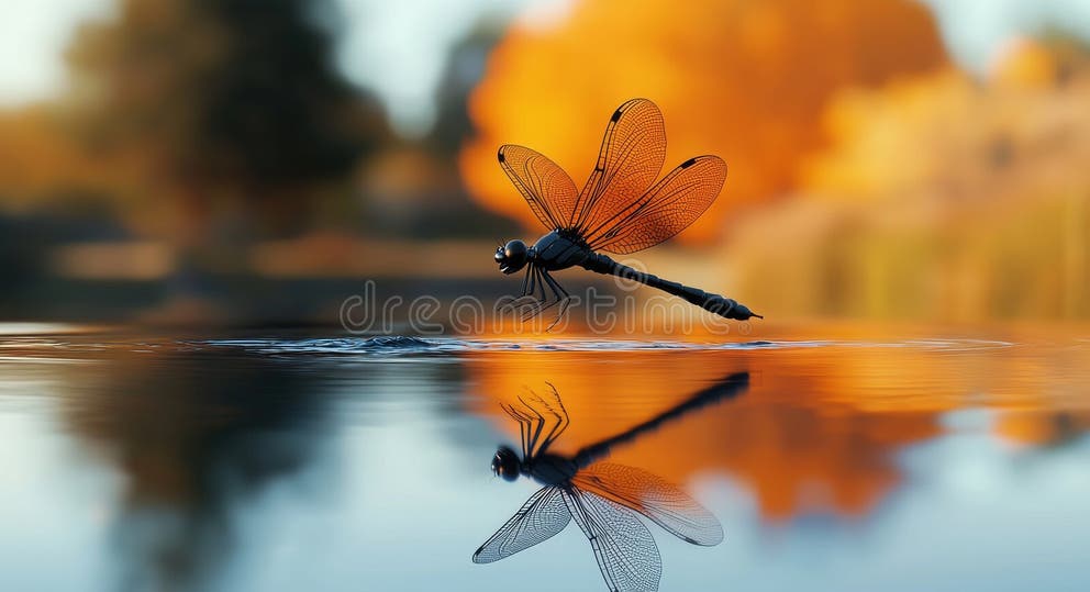 In this Natural Scene, a Dragonfly Flies Over the Water S Surface ...