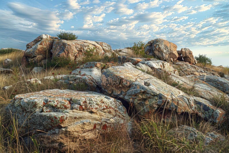 A Natural Scenery Featuring a Rock Pile Sitting Atop a Grass-covered ...