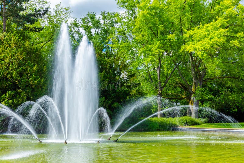 Natural Scenery on Lake with Fountain and Spring Trees Stock Image ...