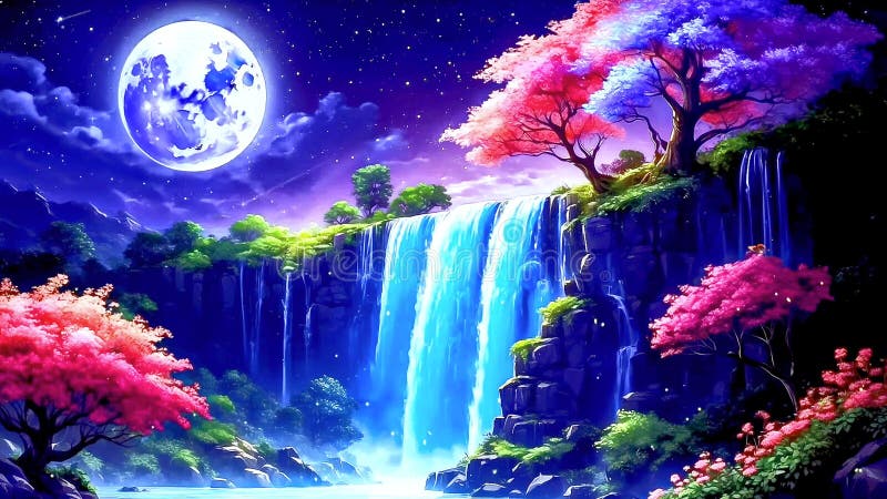 Waterfall under moonlight stock video. Video of flowing - 326834333