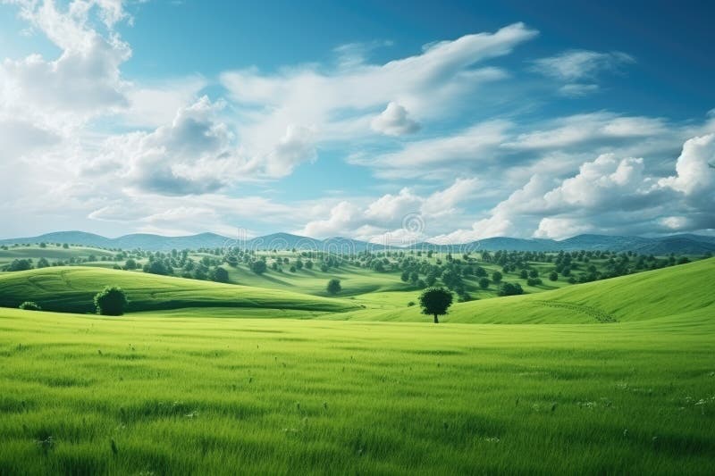 Natural Scenic Panorama Greenfield, Panoramic View of Green Meadow and ...