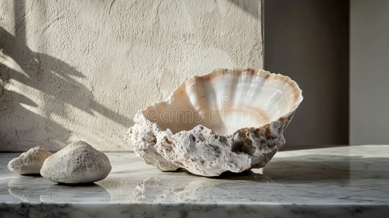 Natural Seashell and Stones on a Marble Surface Stock Photo - Image of ...