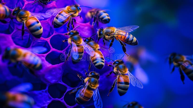 In a Natural Setting, Colorful Bees Pollinate the Vibrant Honeycomb ...