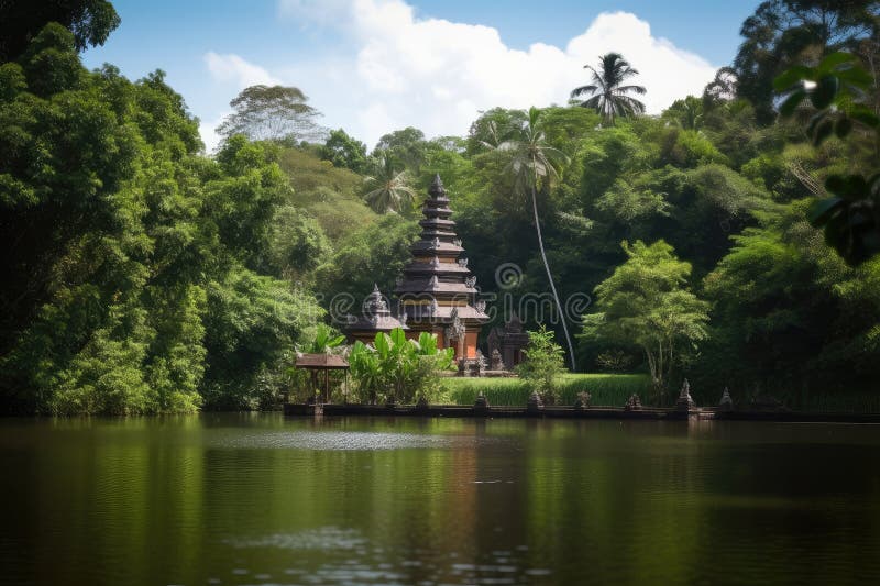 Natural Setting with Hindu Temple Surrounded by Towering Trees and ...