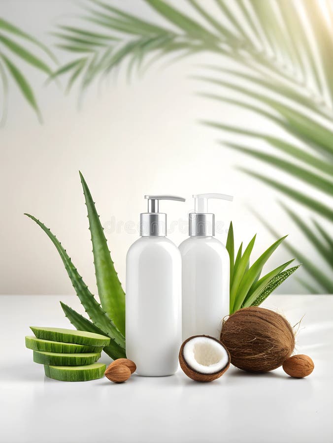 Natural Shampoo and Conditioner Set with Coconut and Aloe Vera on a ...