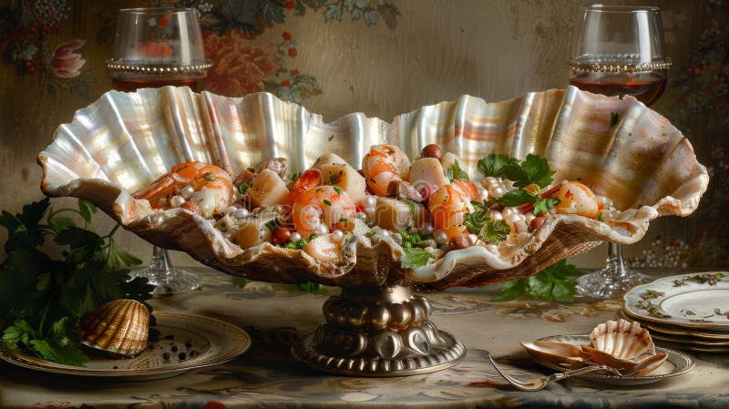 Natural Shell Setting with Shell Backdrop with Home-made Fish Dish ...