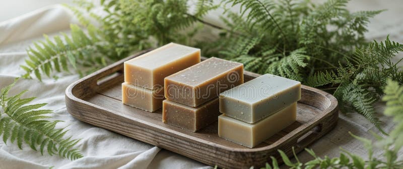 Natural Soap Bars Stacked on Wooden Tray Surrounded by Greenery Stock ...