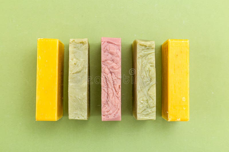 Natural Soap of Different Colors of a Rectangular Shape on a Green ...