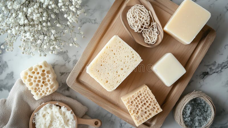 Various Types of Natural Soaps Arranged on a Wooden Tray with Delicate ...