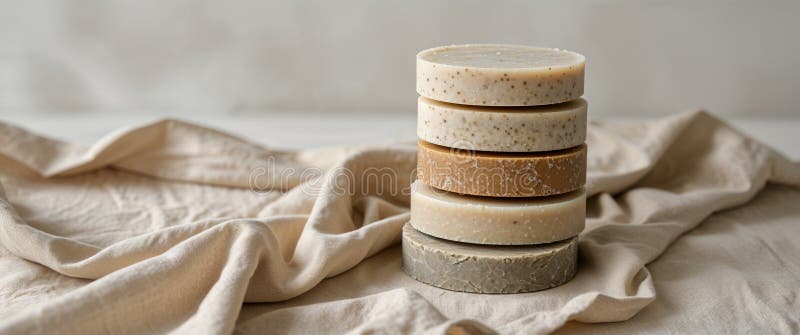 Natural Solid Shampoo Bars Stacked on Warm Linen Cloth Background ...