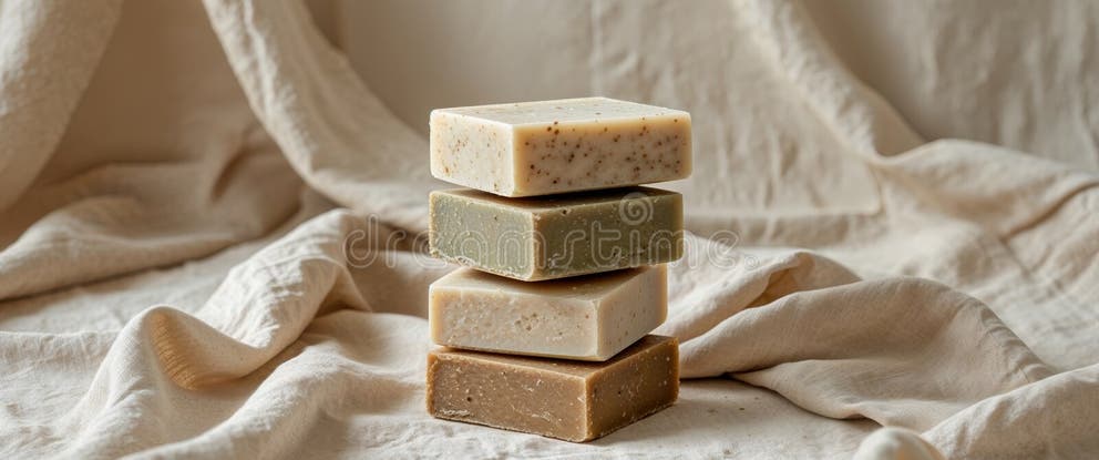 Natural Solid Shampoo Bars Stacked on Warm Linen Cloth Background Stock ...