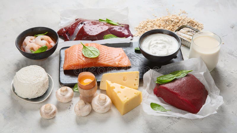 Natural Sources of Vitamin B12 Cobalamin Stock Image - Image of ...