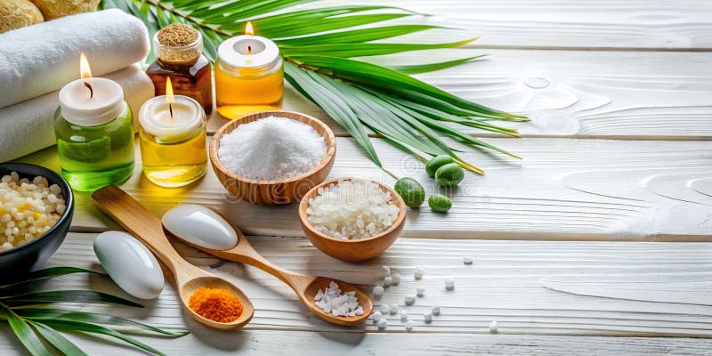 Natural Spa Essentials for Relaxation on White Wooden Table with ...